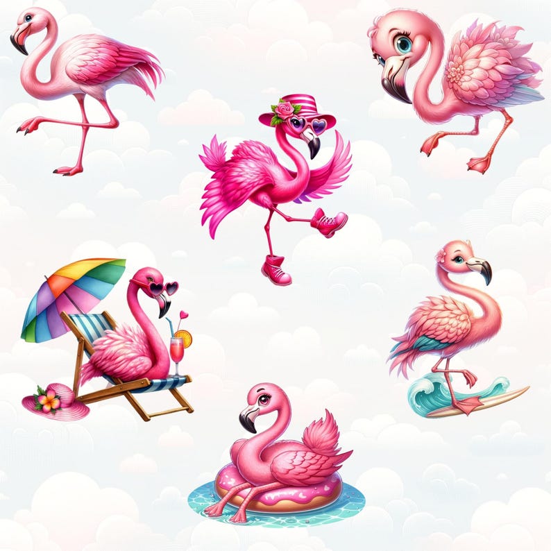 Cute Flamingo Clipart Bundle, 16 Watercolor PNG & JPG, Tropical Bird ...