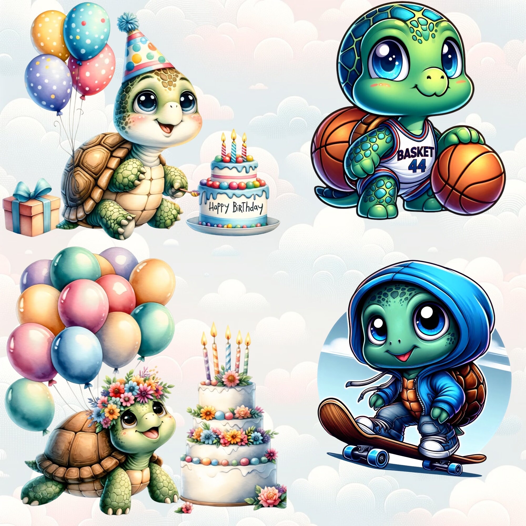 12 Watercolor Cute Cartoon Turtle Clipart Bundle, Turtle PNG, JPG Files ...