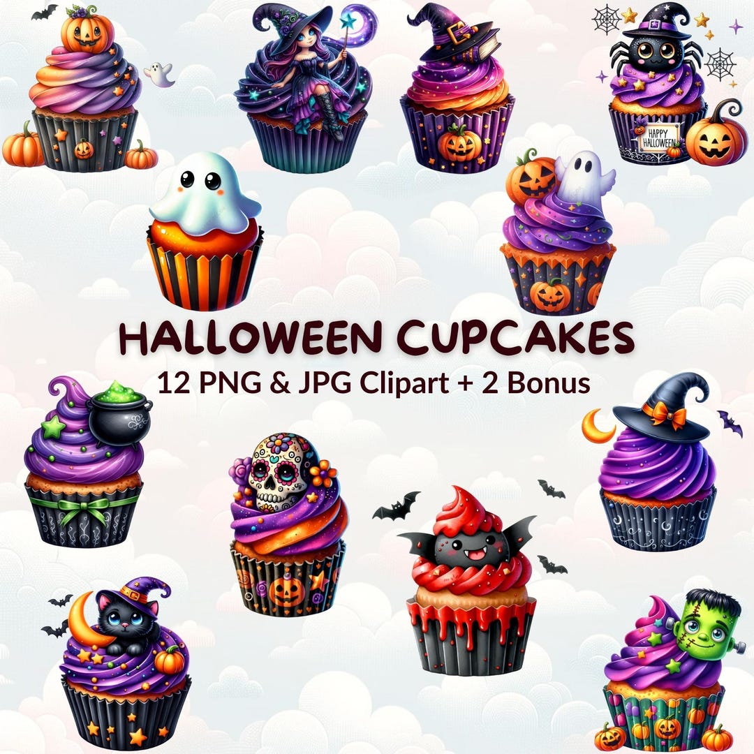 Watercolor Halloween Cupcakes Clipart: Spooky Cartoon Treats (PNG & JPG ...