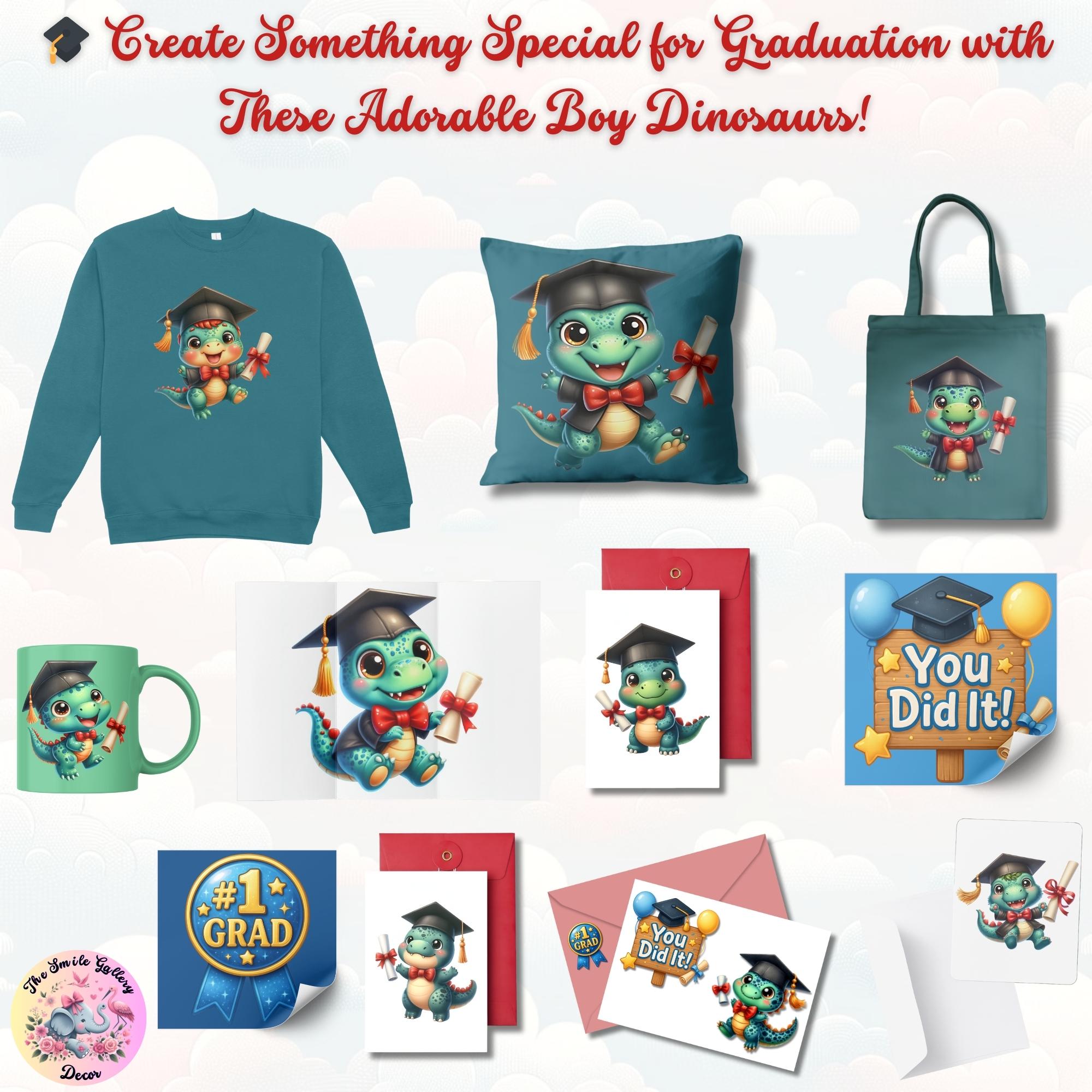 Graduation Boy Dinosaur Clipart Bundle, 12 Watercolor Cartoon PNG JPG ...