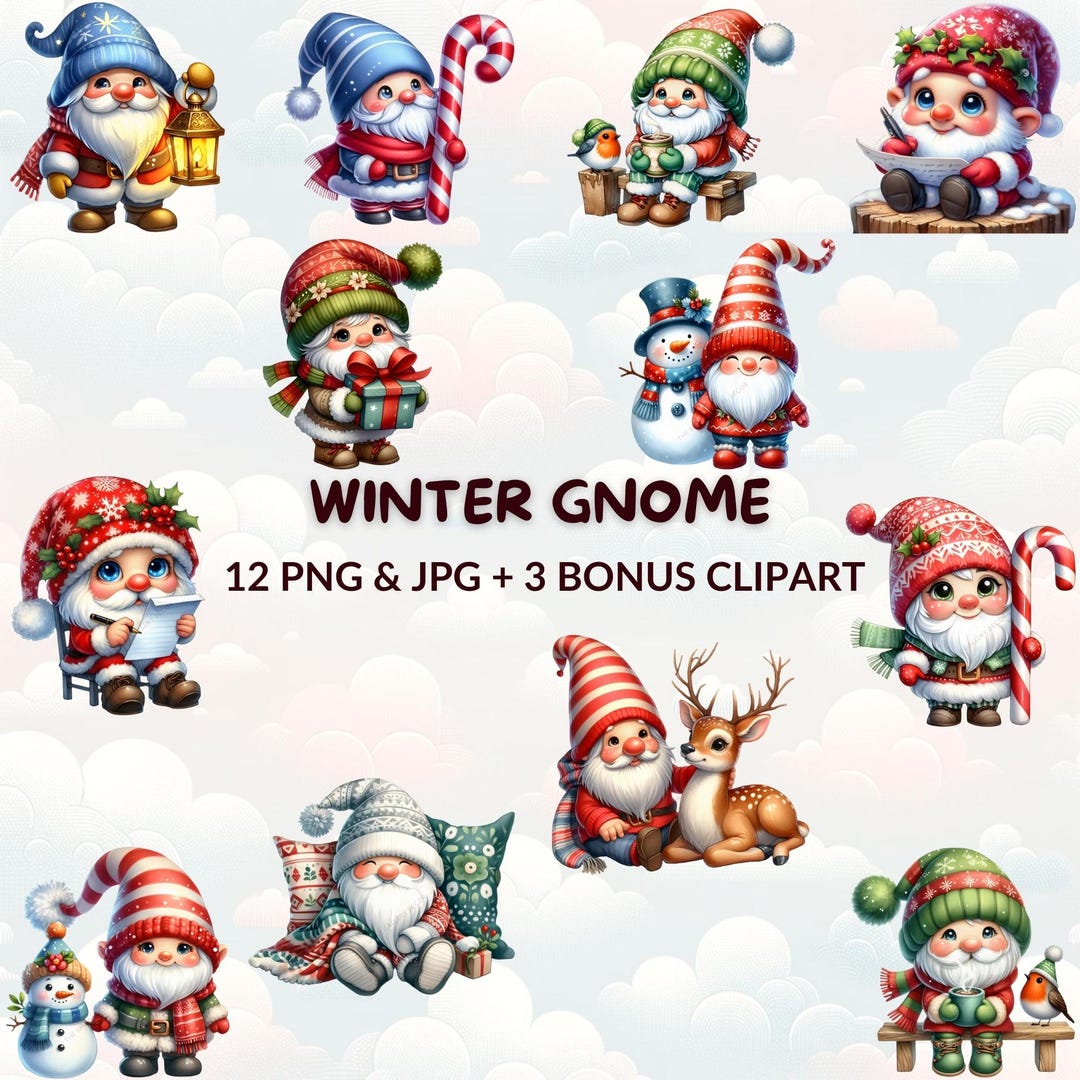 14 Winter Gnome Clipart Bundle, Watercolor Christmas PNG JPG, Holiday ...