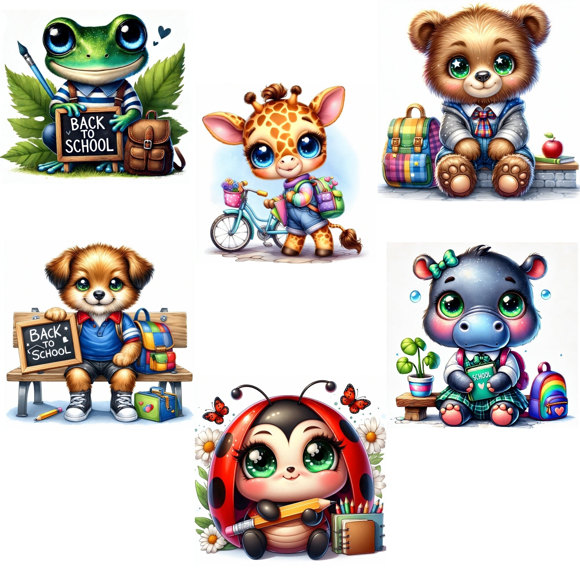 12 Watercolor Cartoon Back to School Animals Clipart Bundle, Cute ...