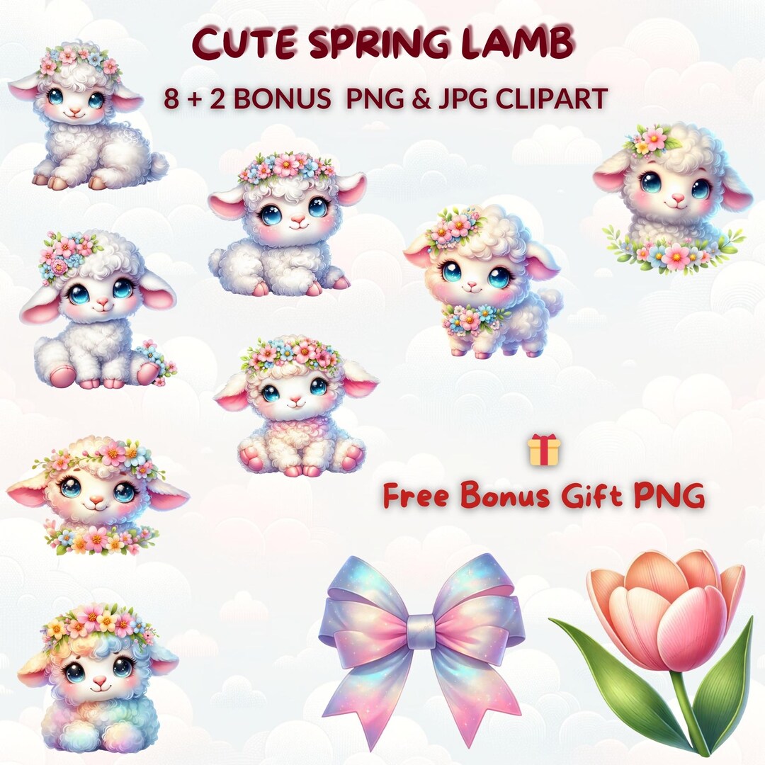 Cute Spring Lamb Clipart, 8 Watercolor Cartoon Sheep + 2 Bonus PNG ...