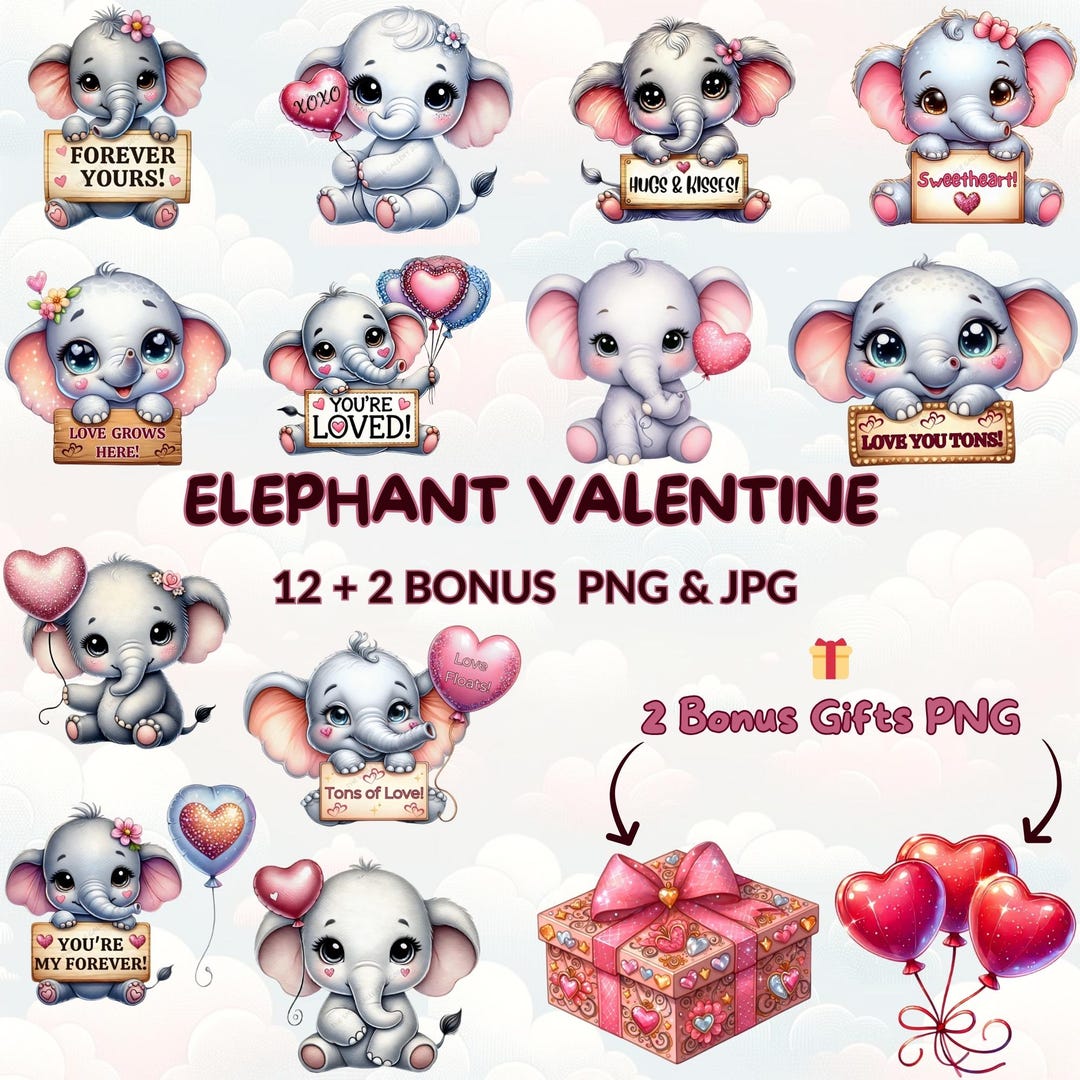 Elephant Valentine Clipart Bundle, Watercolor PNG JPG With Hearts for ...