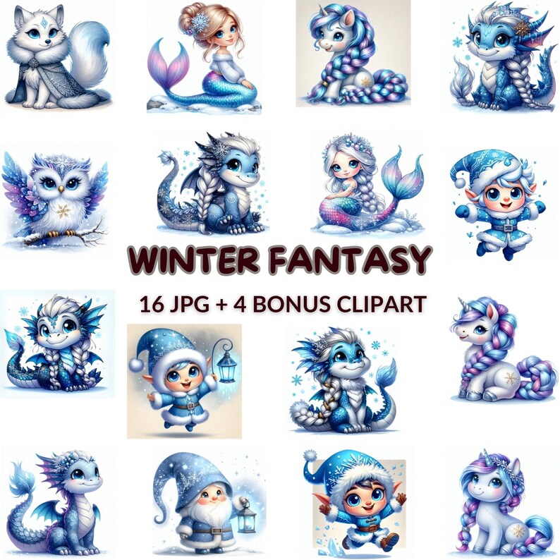 Winter Fantasy Clipart: Watercolor Cartoon Creatures (PNG & JPG) - Etsy