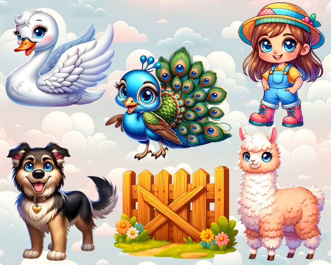 36 Digital Cartoon Farm Animals PNG, Clipart Bundle, Nursery Decor ...