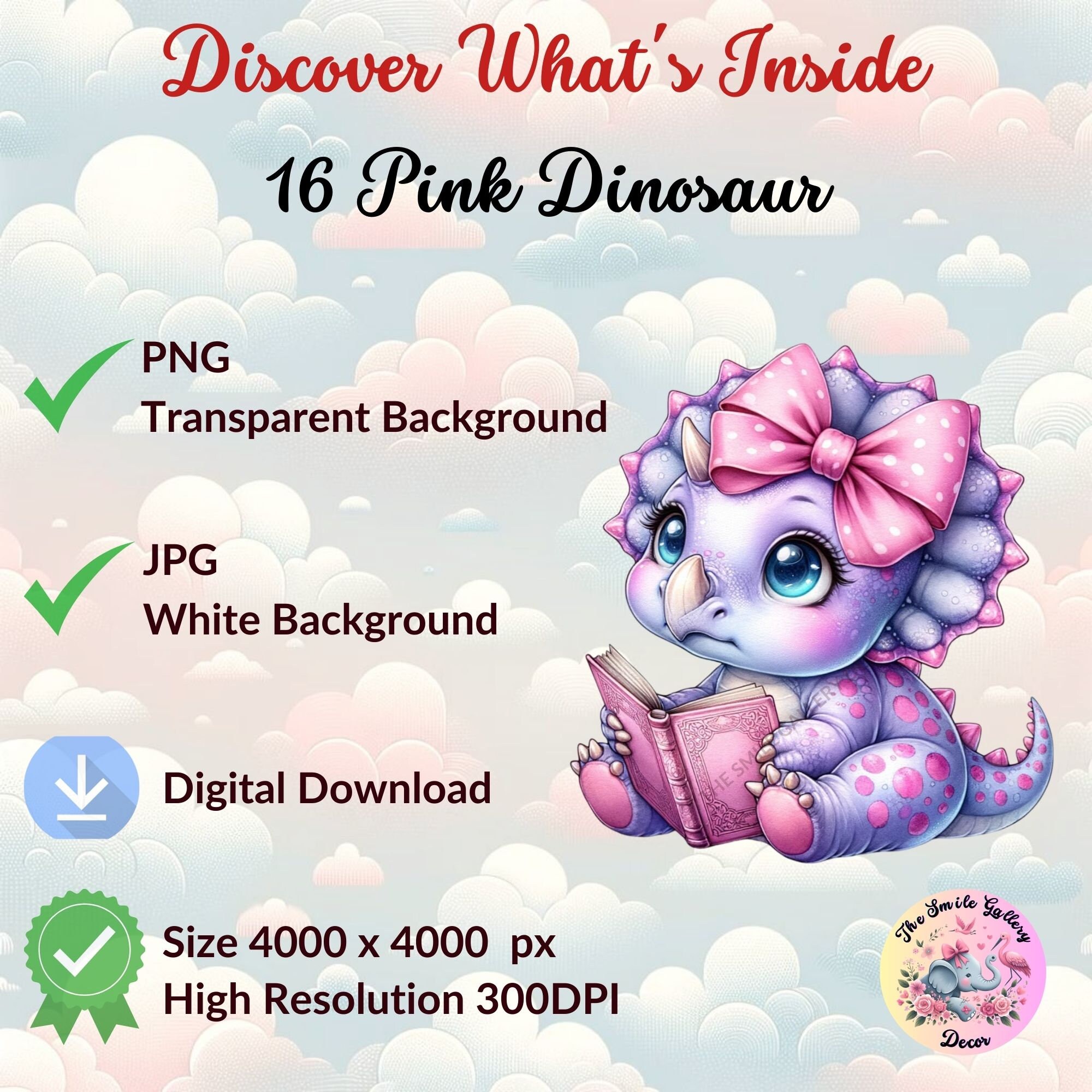 Watercolor Pink Dinosaur Clipart Bundle, Cute Dino, Triceratops PNG, T ...