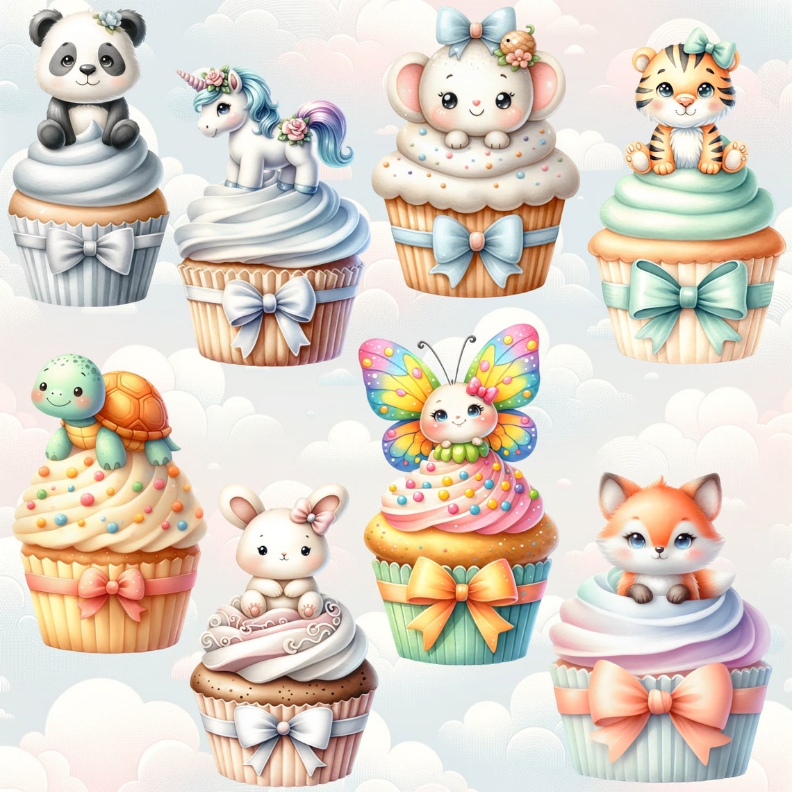 16 Watercolor Animal Cupcake Clipart Bundle, Cupcake PNG & JPG Files ...