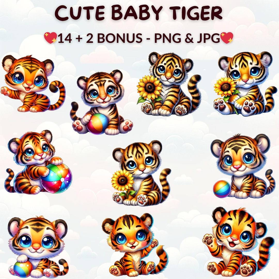 Cute Baby Tiger Clipart, 14 Watercolor Cartoon Tigers, PNG & JPG ...
