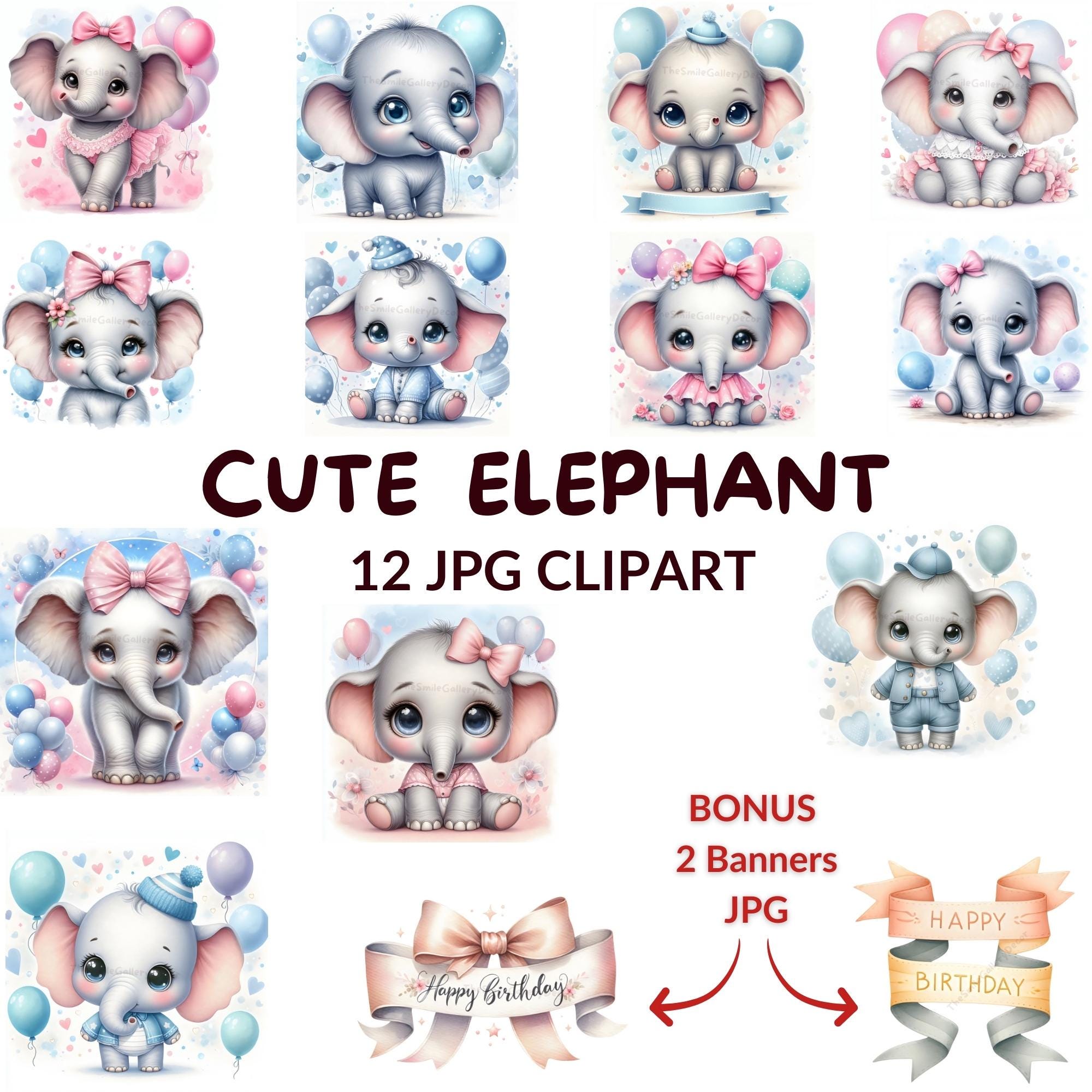 14 Watercolor Elephant Clipart Bundle, Pink & Blue Elephant PNG, JPG ...