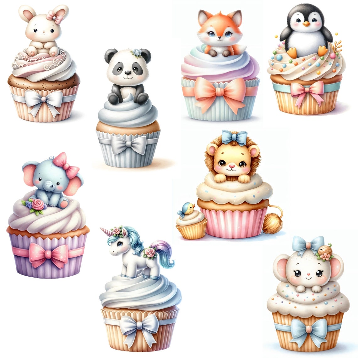 16 Watercolor Animal Cupcake Clipart Bundle, Cupcake PNG & JPG Files ...