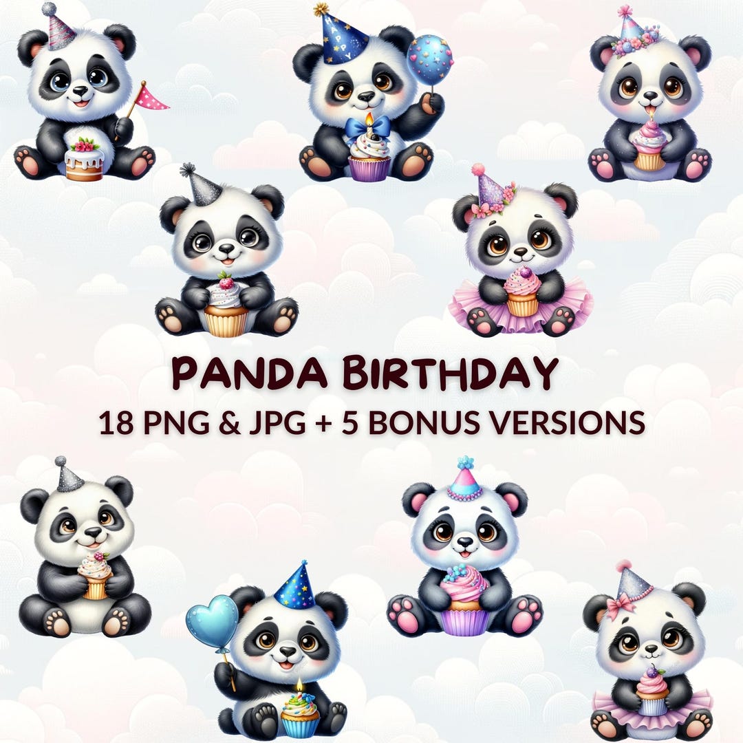 Panda Birthday Clipart, 18 Watercolor Cartoon PNG & JPG, Birthday ...