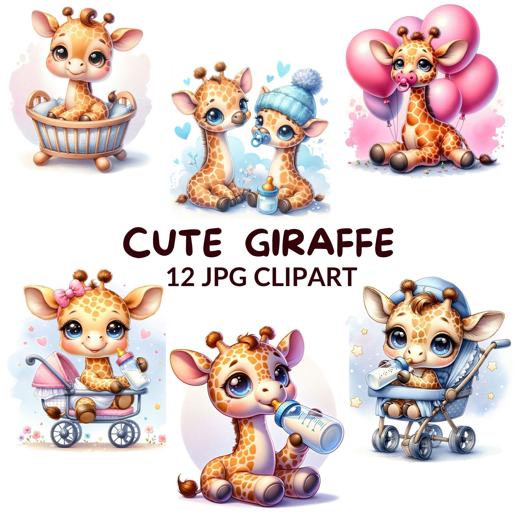 12 Watercolor Giraffe Clipart Bundle, Cute Giraffe PNG, JPG File ...