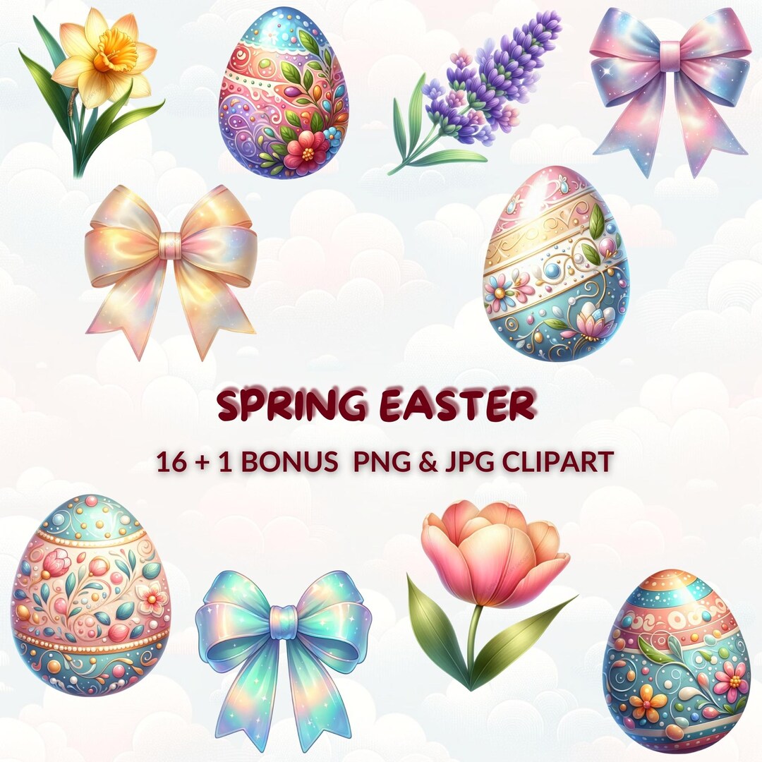 Spring Easter Clipart Bundle, 16 PNG & JPG, Watercolor Eggs, Flowers ...