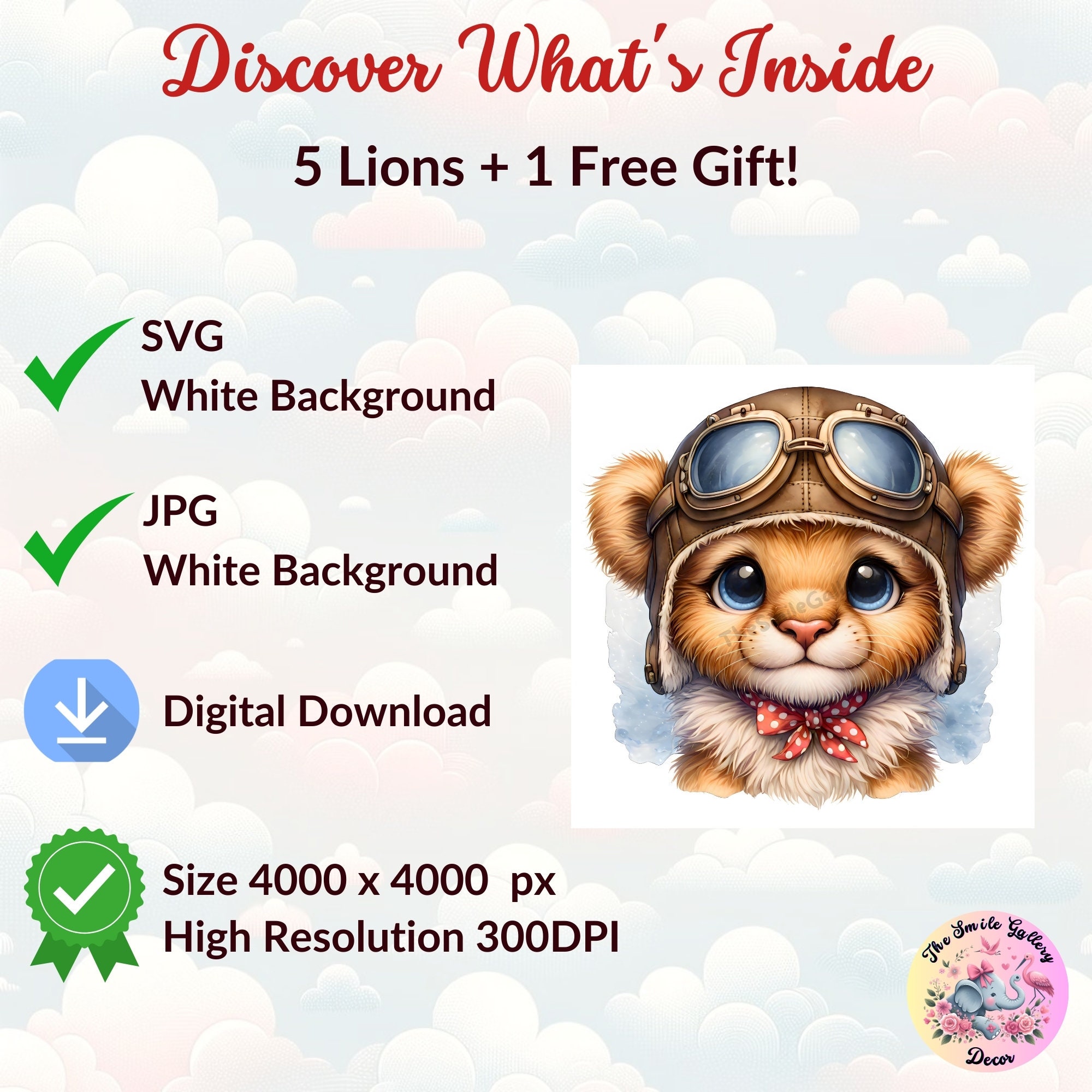 Watercolor Pilot Lion Clipart, 5 Lion SVG & JPG Bundle, Safari Animals ...