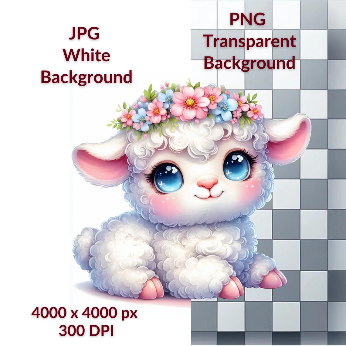 8 Watercolor Lamb Clipart Bundle – Spring Sheep With Flower Crowns PNG ...