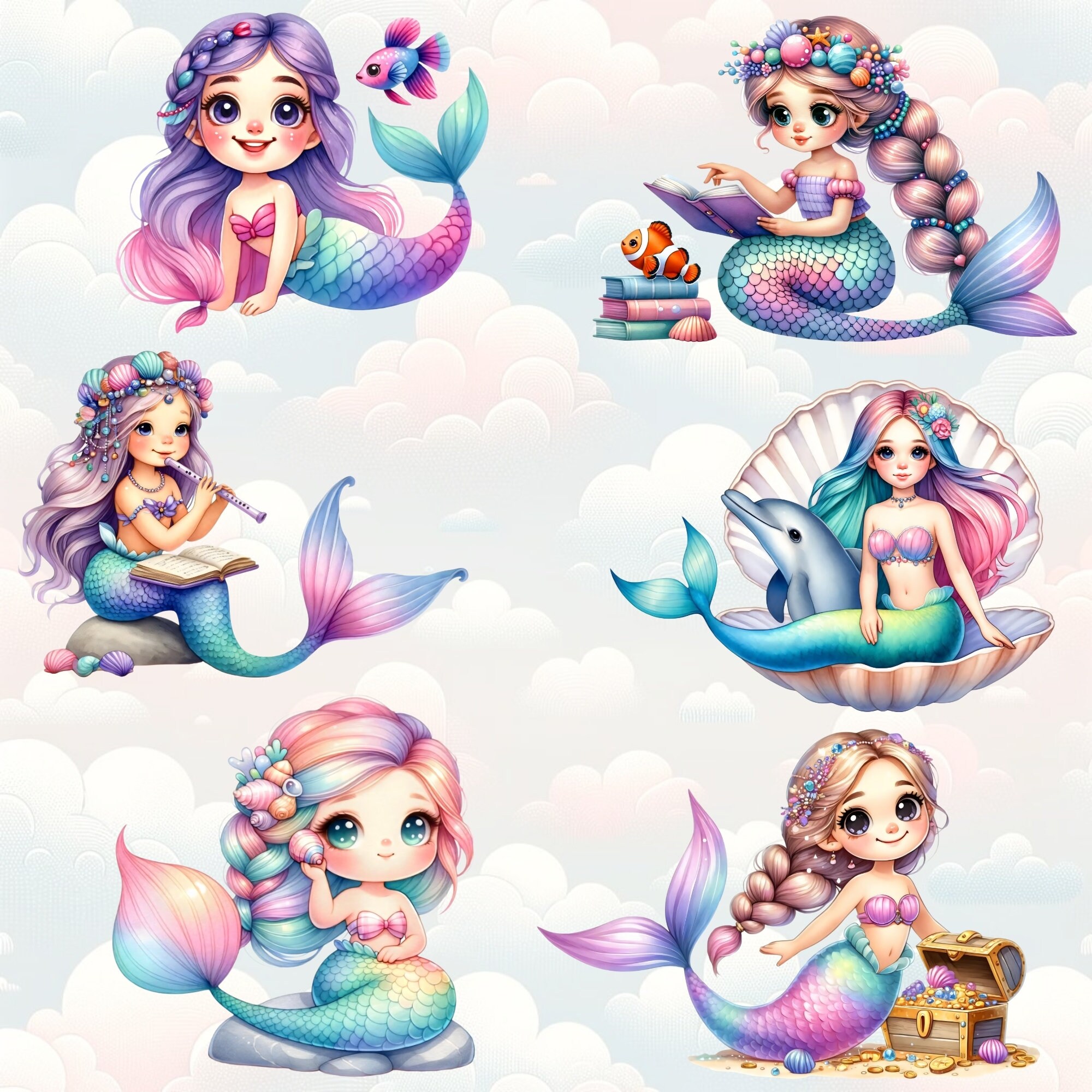 Watercolor Mermaid Clipart Bundle - 12 Cute PNG/JPG Files, Ocean Magic ...
