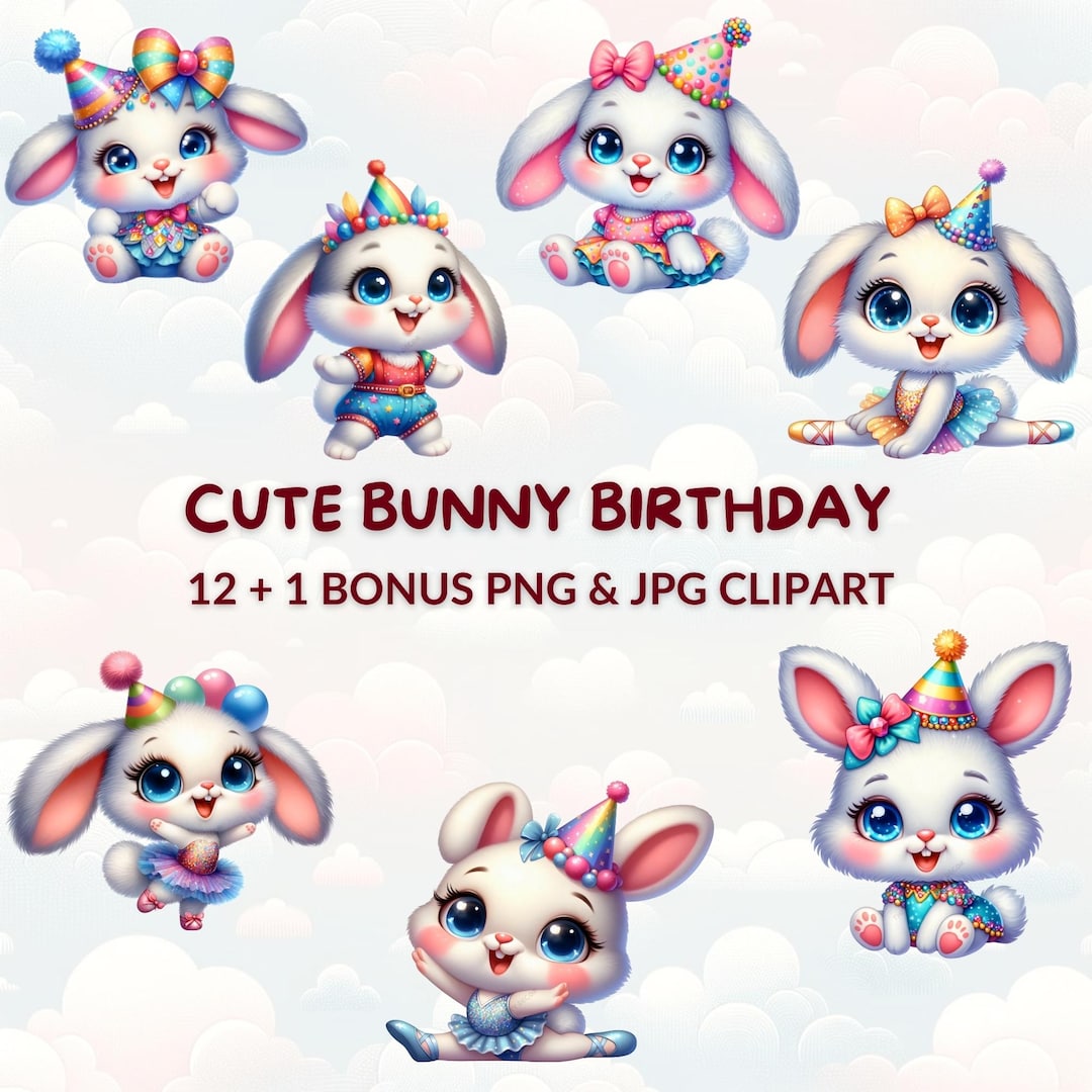 Cute Bunny Birthday Clipart, 12 Watercolor Cartoon Rabbits PNG & JPG ...