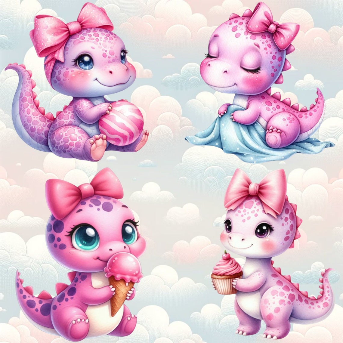 Watercolor Pink Dinosaur Clipart Bundle, Cute Dino, Triceratops PNG, T ...