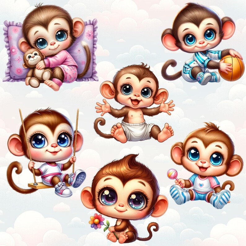 36 Cute Monkey Clipart Mega Bundle, Watercolor Jungle Animals PNG & JPG ...