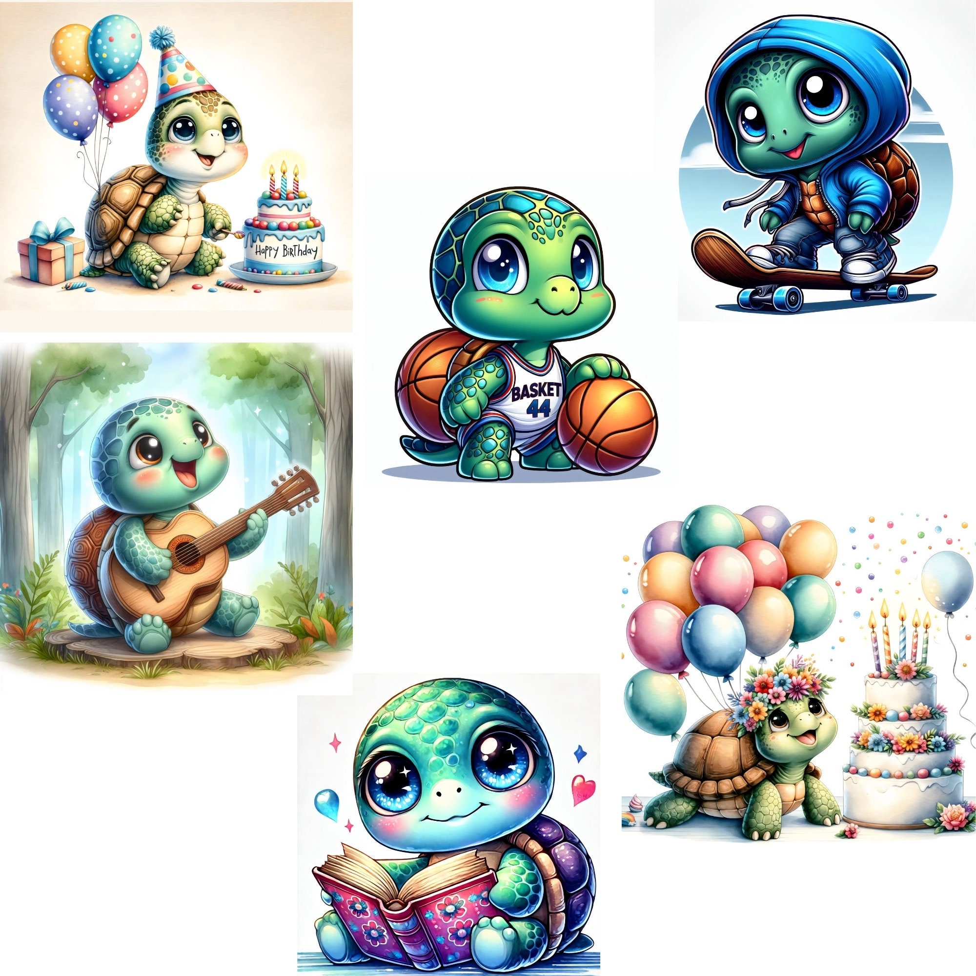 12 Watercolor Cute Cartoon Turtle Clipart Bundle, Turtle PNG, JPG Files ...
