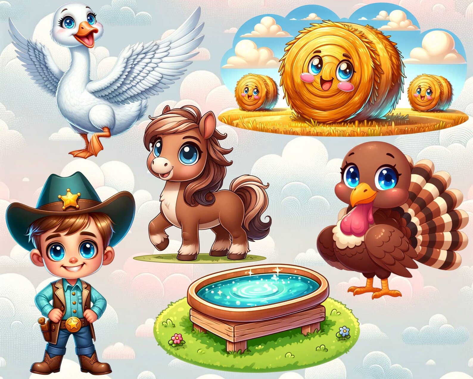 36 Digital Cartoon Farm Animals PNG, Clipart Bundle, Nursery Decor ...