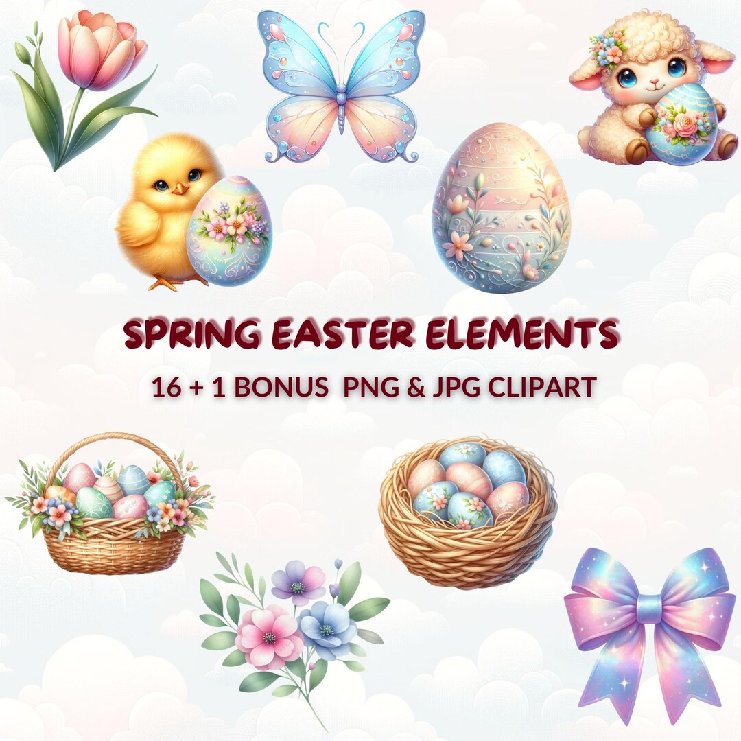 Spring Easter Elements Clipart, 16 Cute Watercolor Cartoon PNG & JPG ...