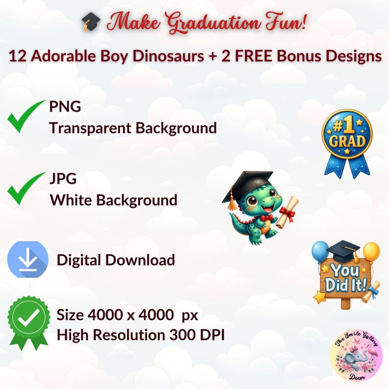 Graduation Boy Dinosaur Clipart Bundle, 12 Watercolor Cartoon PNG JPG ...