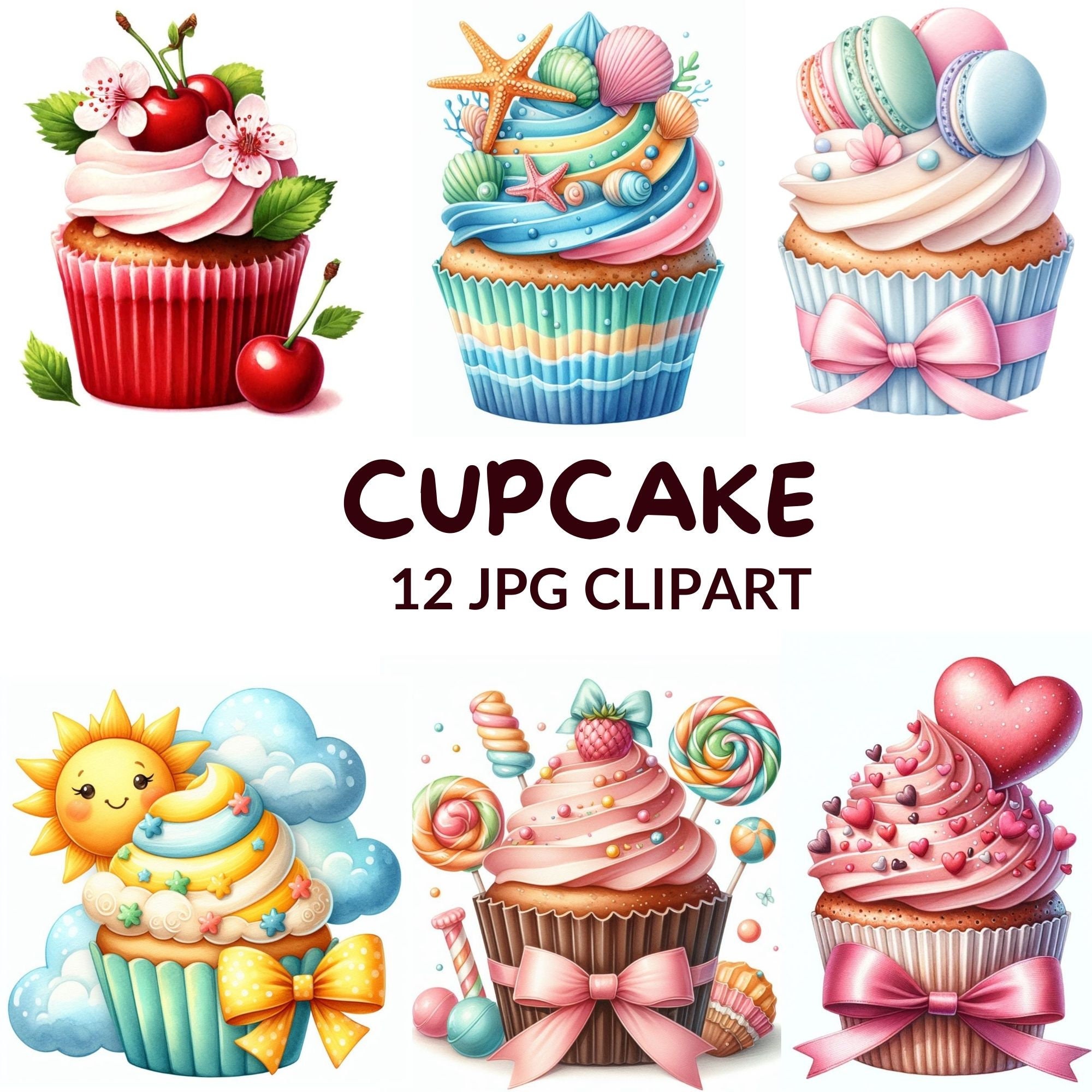 Watercolor Cupcake Clipart Bundle, Cute Dessert PNG, Tropical Sweets ...