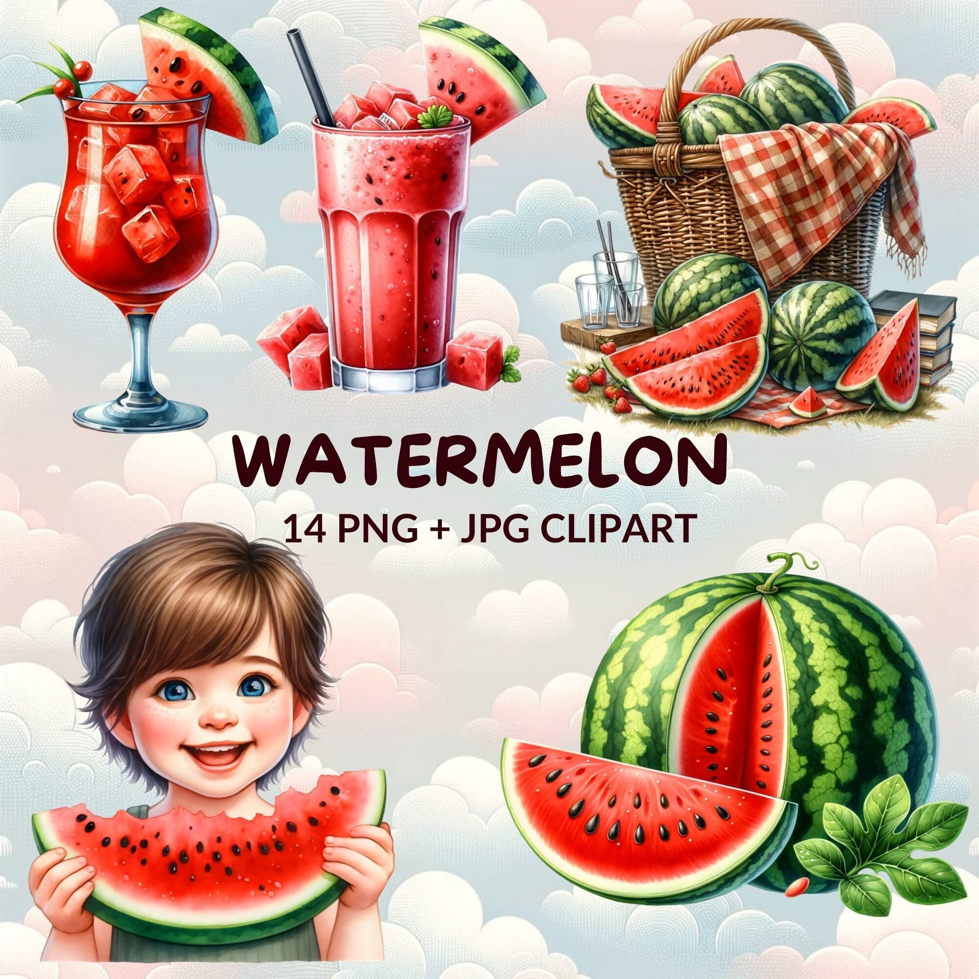 14 Watercolor Watermelon PNG Clipart Bundle, Watermelon Slice With ...