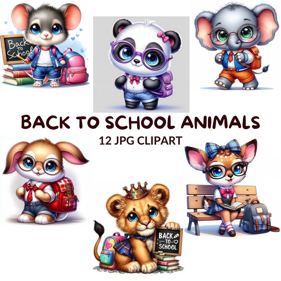 12 Watercolor Cartoon Back to School Animals Clipart Bundle, Cute ...