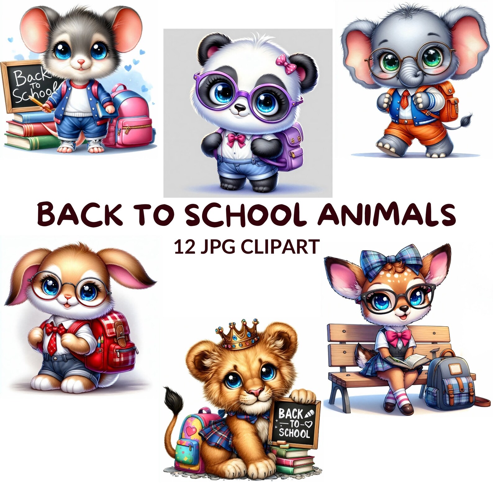 12 Watercolor Cartoon Back to School Animals Clipart Bundle, Cute ...
