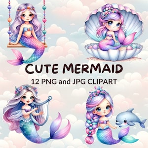 12 Watercolor Mermaid Clipart Bundle, Cute Mermaid PNG, JPG Files ...