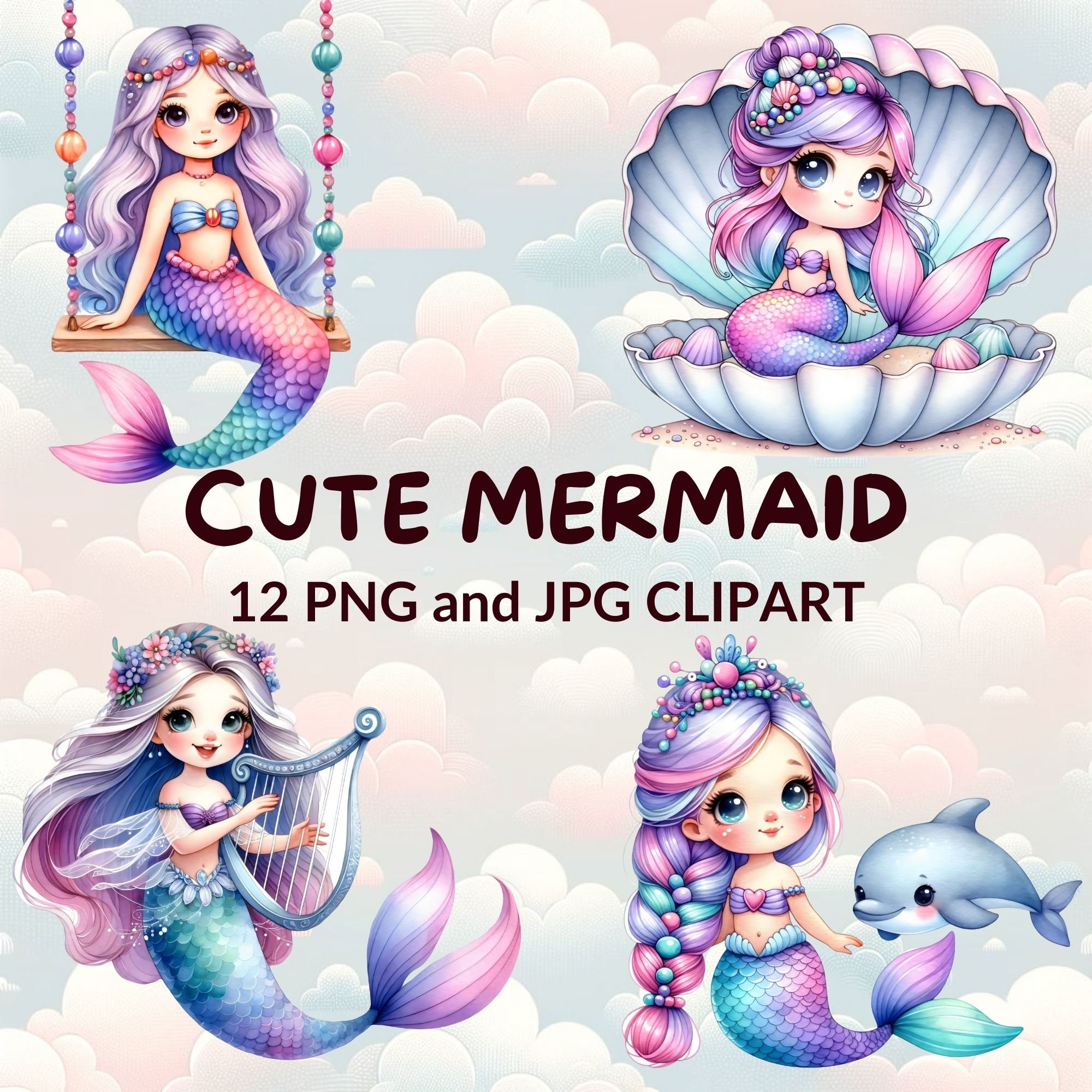 12 Watercolor Mermaid Clipart Bundle, Cute Mermaid PNG, JPG Files ...