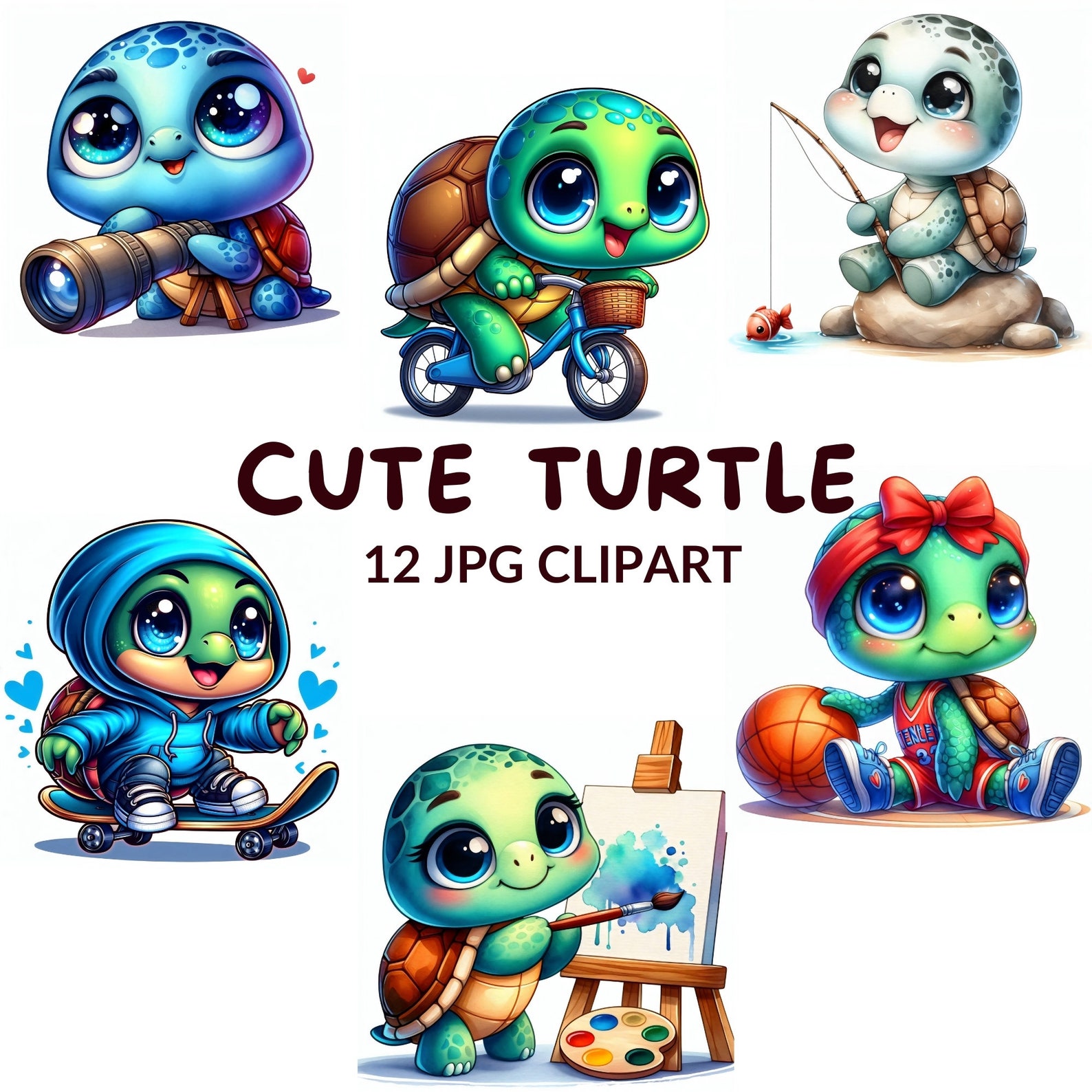 12 Watercolor Cute Cartoon Turtle Clipart Bundle, Turtle PNG, JPG Files ...