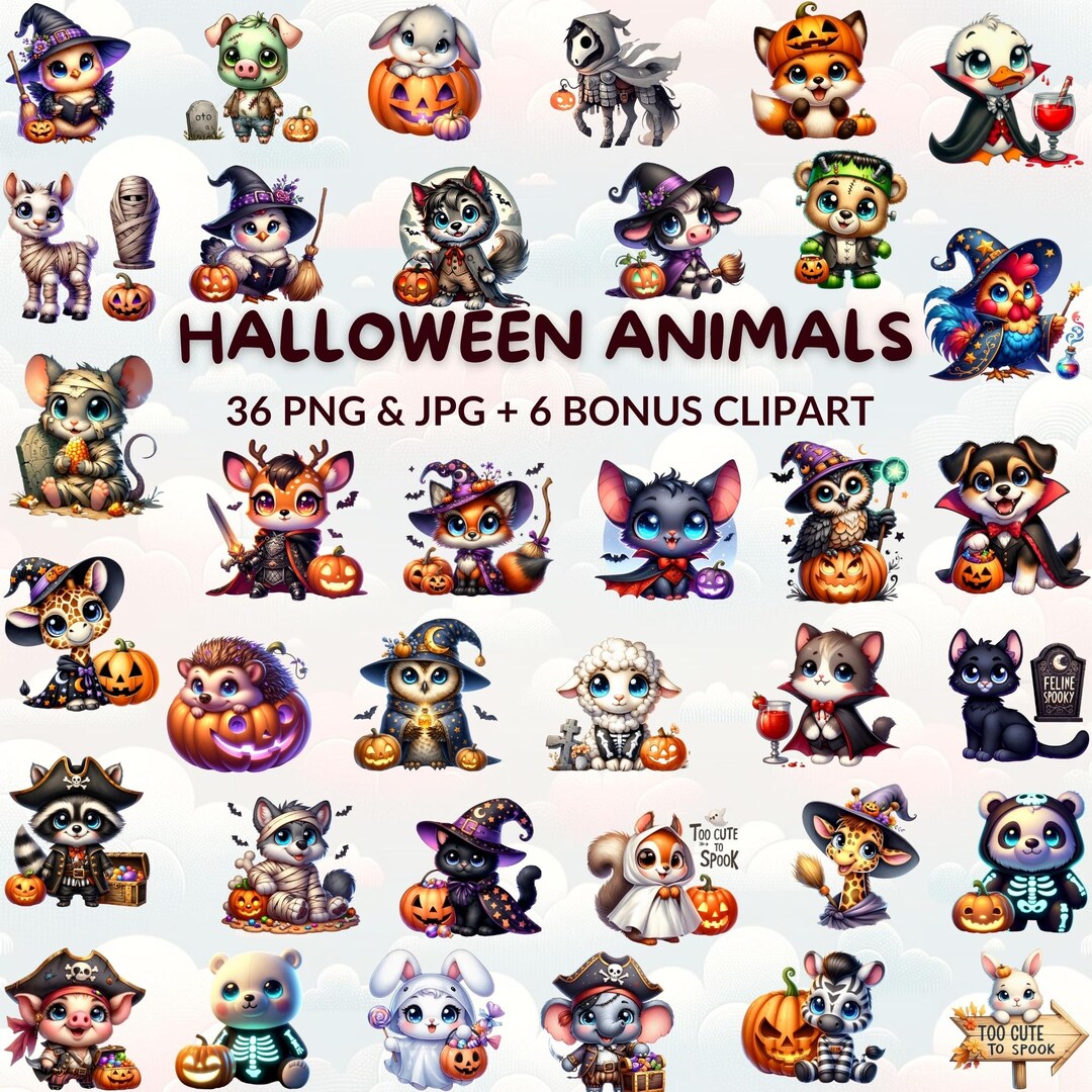Watercolor Halloween Animals Clipart Bundle: 36 PNG & JPG Images - Etsy