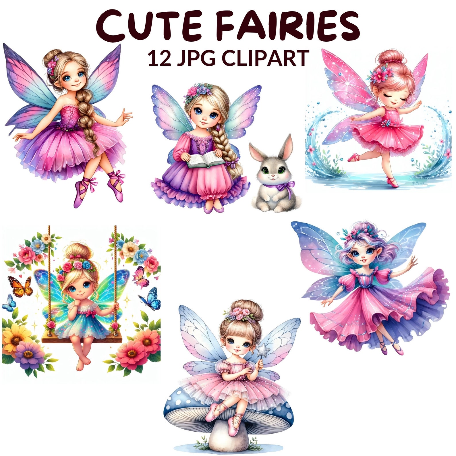 12 Watercolor Cute Fairies Clipart Bundle, Fairy PNG, JPG Files ...
