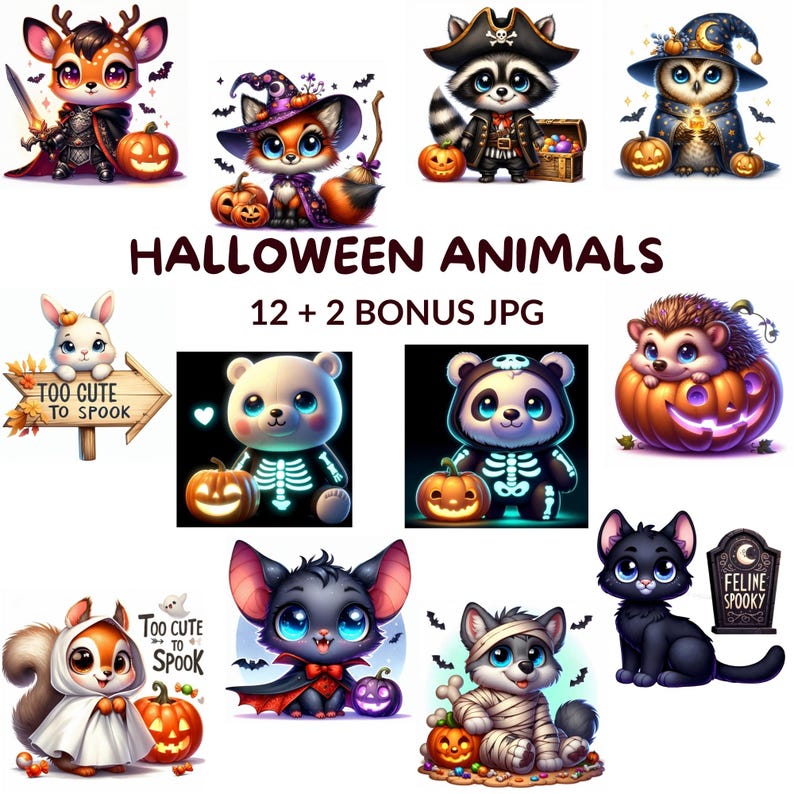 Watercolor Cartoon Halloween Animals Bundle Clipart, 12 Cute Halloween ...