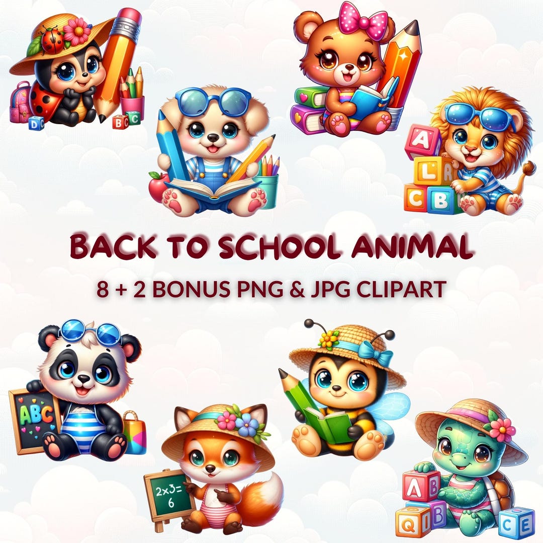 Back to School Animals Clipart Bundle, 8 Cute Educational Animals PNG ...