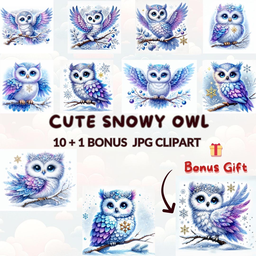 Cute Snowy Owl Watercolor Cartoon Clipart Bundle, 10 Arctic Owl JPG ...