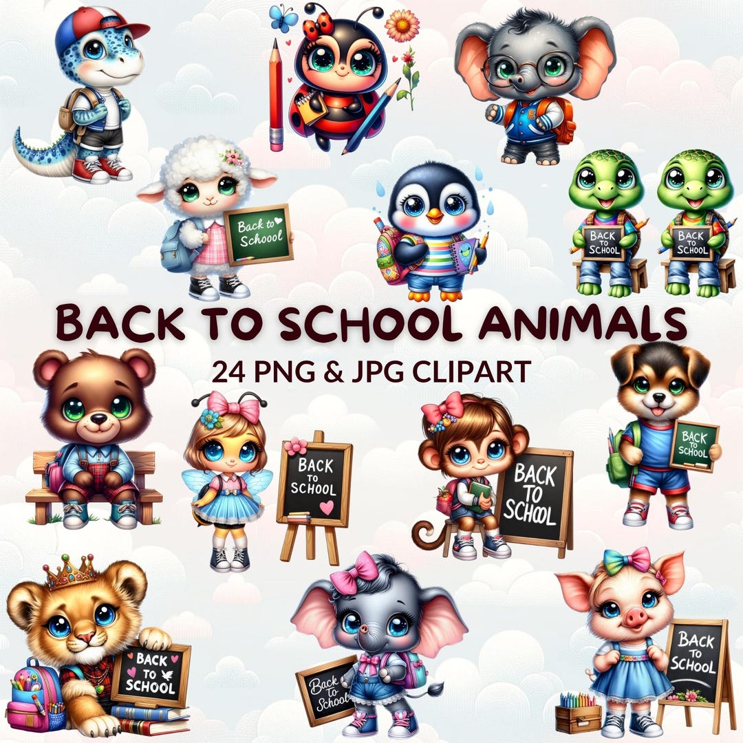 24 Watercolor Cartoon Back to School Animals Clipart Bundle, Cute ...