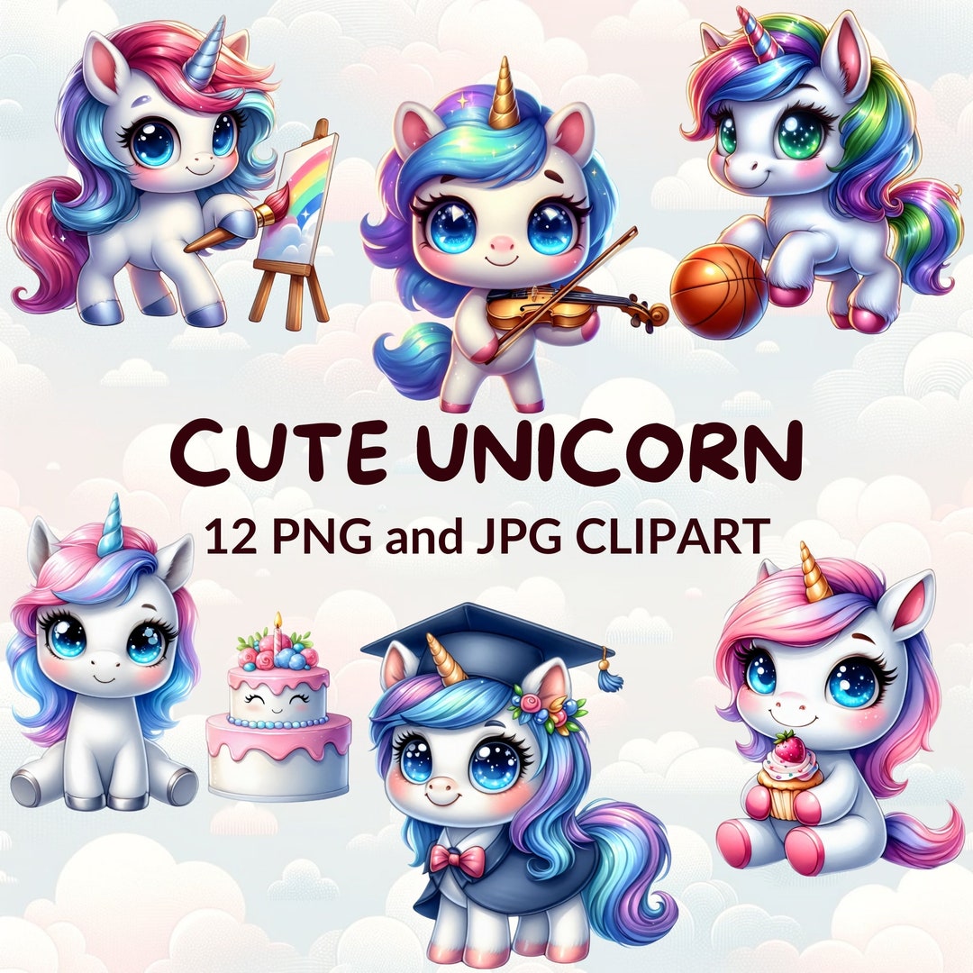 Watercolor Cute Unicorn Clipart Bundle, 12 PNG & JPG Files, Rainbow ...
