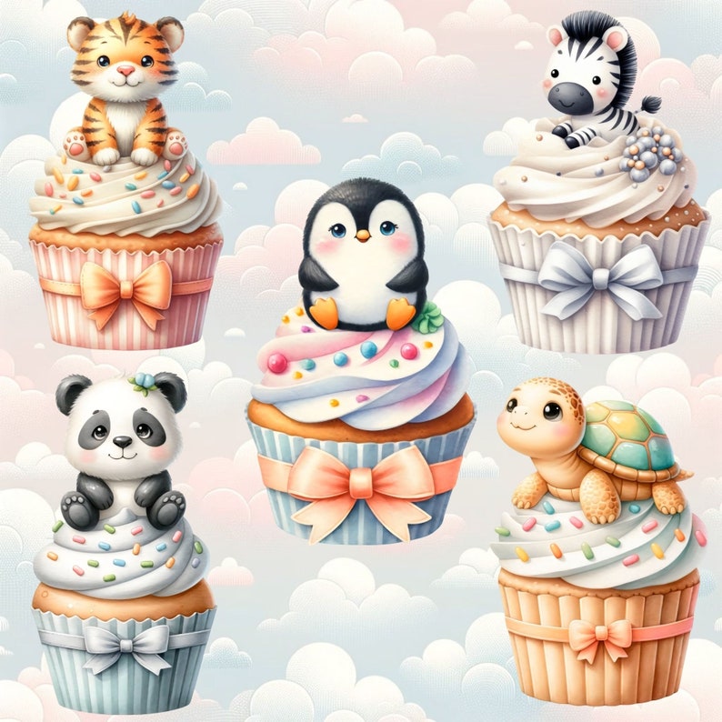 16 Watercolor Animal Cupcake Clipart Bundle, Cute Dessert PNG, Jungle ...