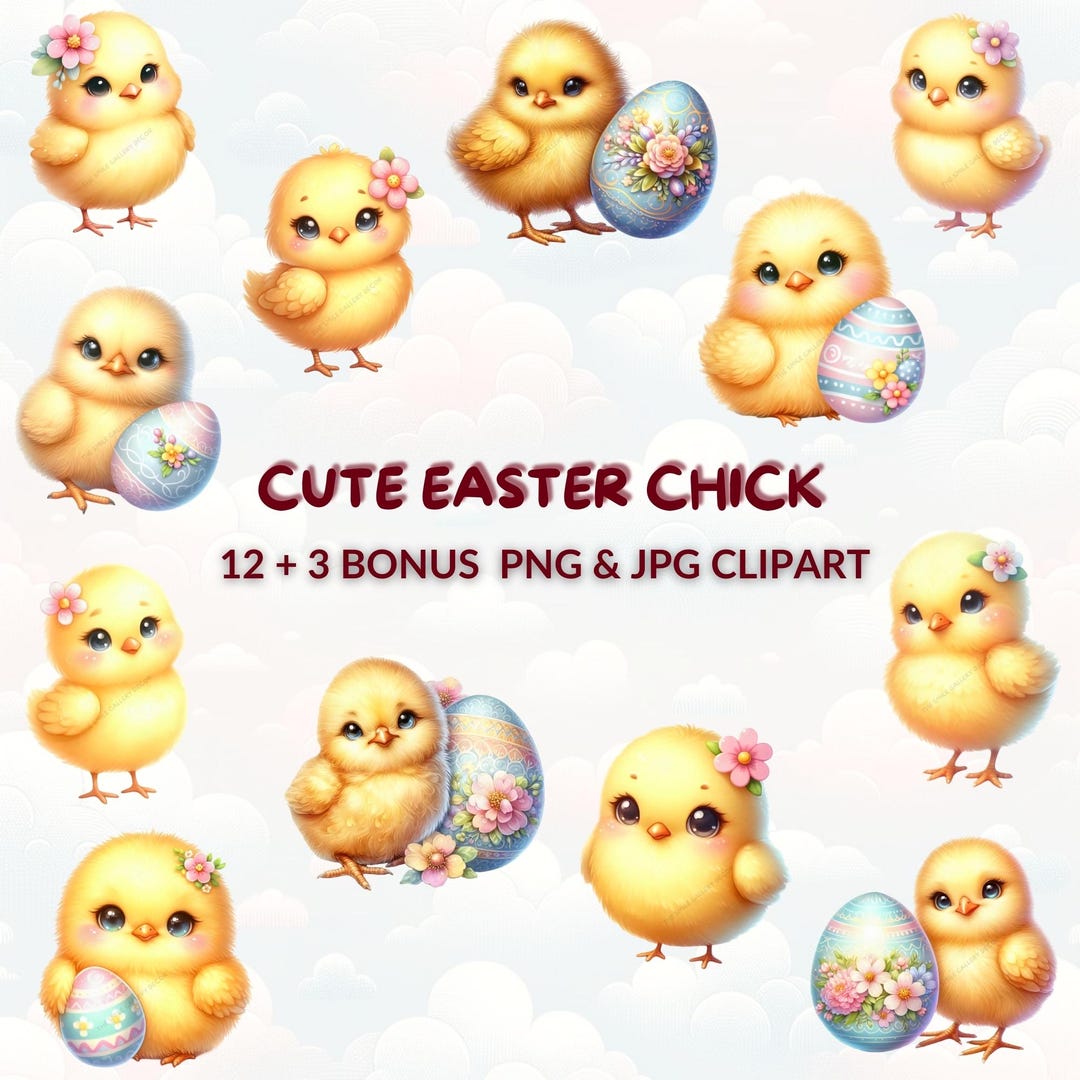 Easter Clipart PNG & JPG, 12 Cute Watercolor Cartoon Chicks, Spring ...
