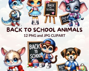 12 Watercolor Cartoon Back to School Animals Clipart Bundle, Cute ...