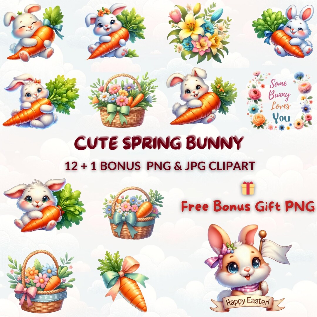 Cute Spring Bunny Clipart PNG & JPG, 12 Watercolor Rabbits With Carrots ...