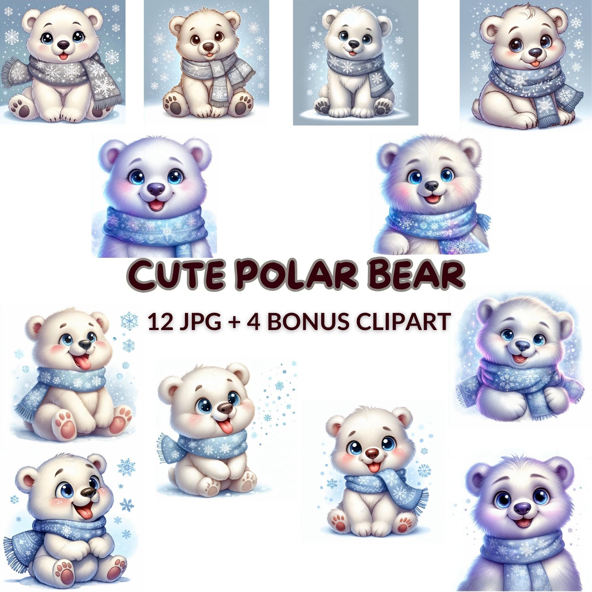 Cute Polar Bear Clipart Bundle, Watercolor Cartoon Bears, 12 PNG & JPG ...
