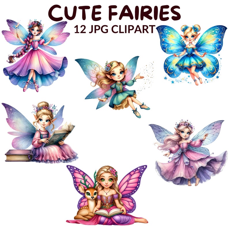 12 Watercolor Cute Fairies Clipart Bundle, Fairy PNG, Fantasy Clipart ...