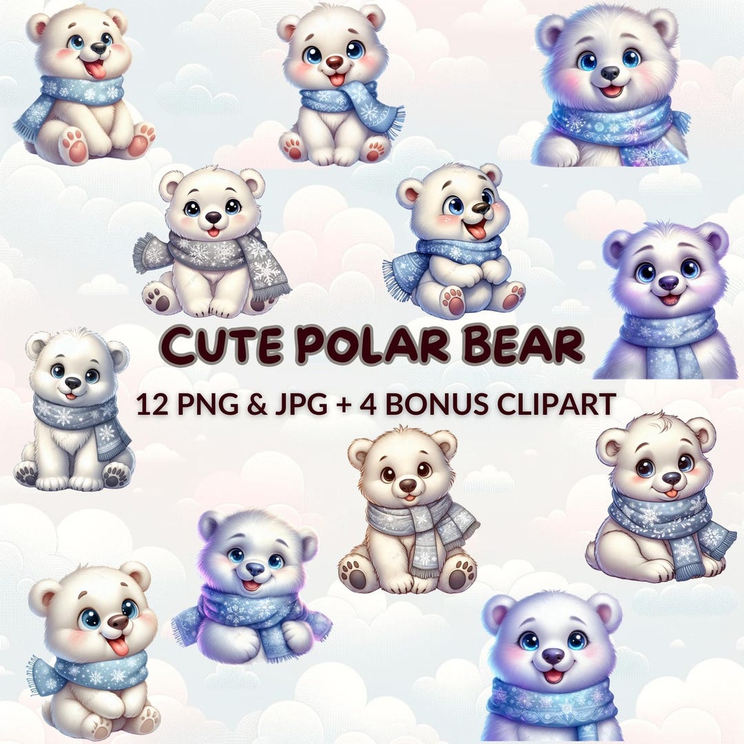 Cute Polar Bear Clipart Bundle, Watercolor Cartoon Bears, 12 PNG & JPG ...