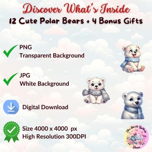 Cute Polar Bear Clipart Bundle, Watercolor Cartoon Bears, 12 PNG & JPG ...